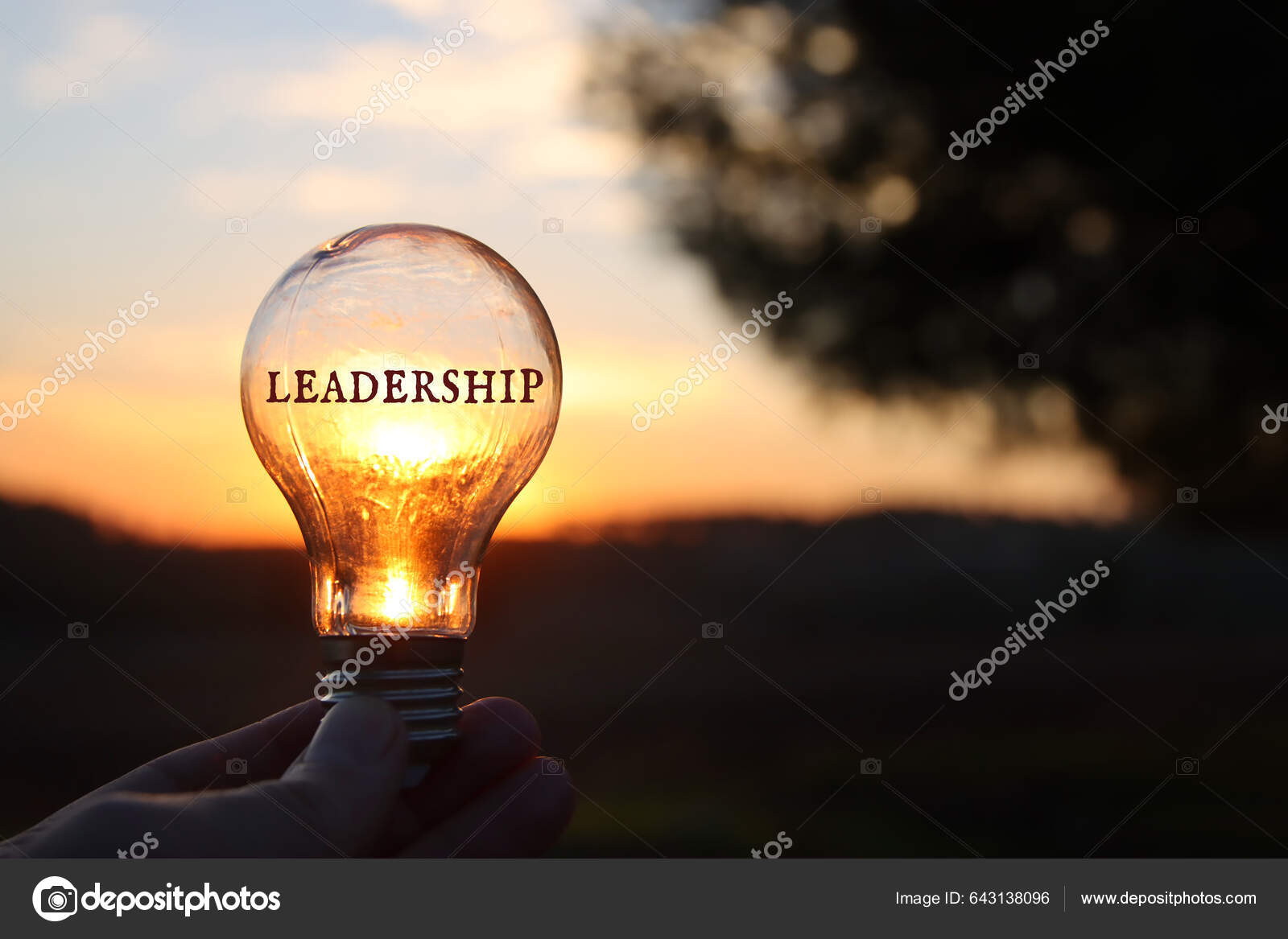 Hand Holding Light Bulb Text Leadership Front Bright Sun — Stock Photo ...