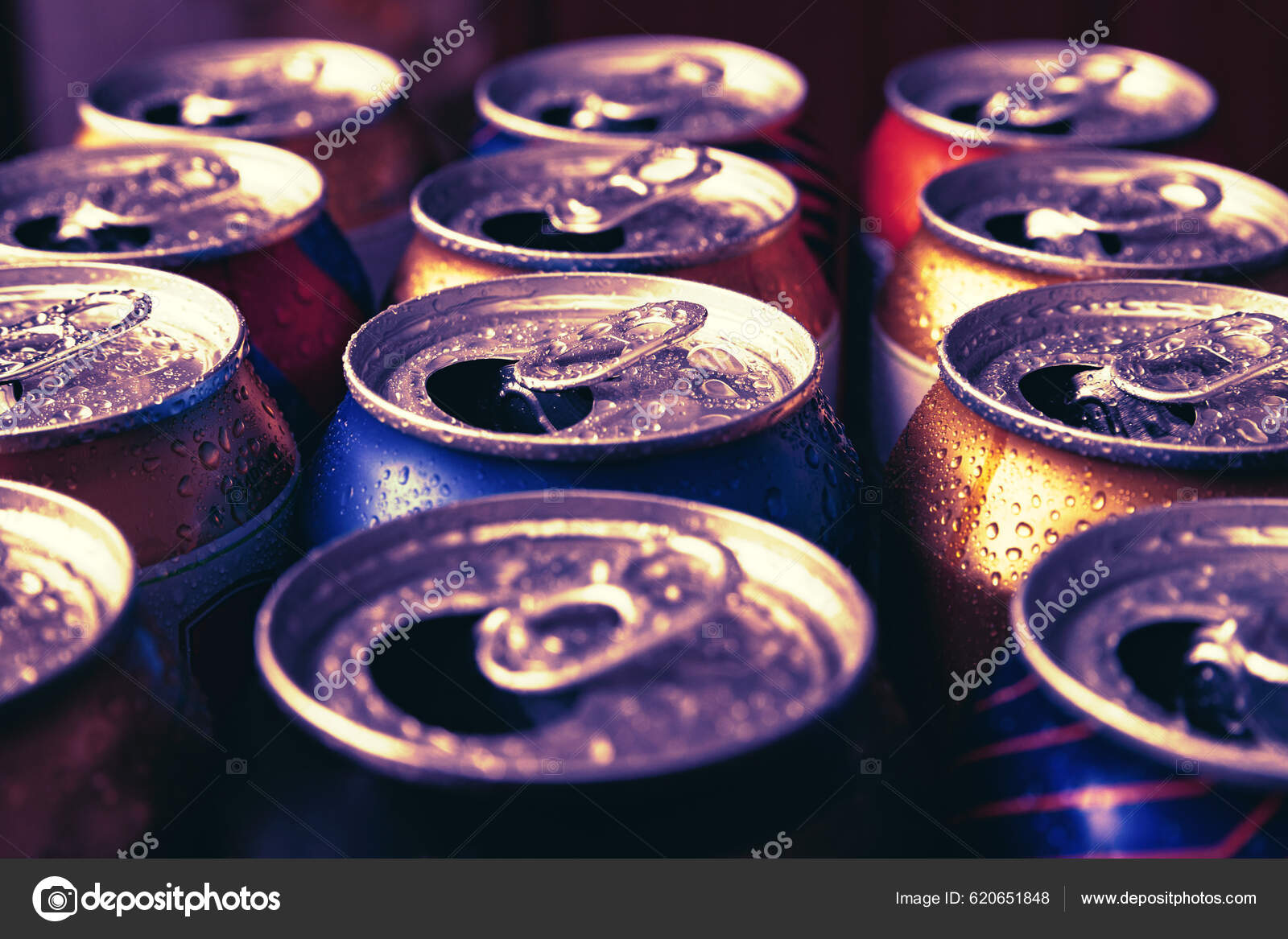 Beer Cans Aluminum Cans Close Lot Empty Cans Drops Condensation — Stock ...