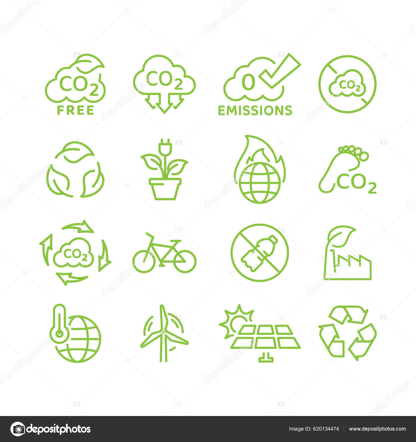 Zero Emissions Carbon Footprint Reduction Vector Icon Set Ecology ...