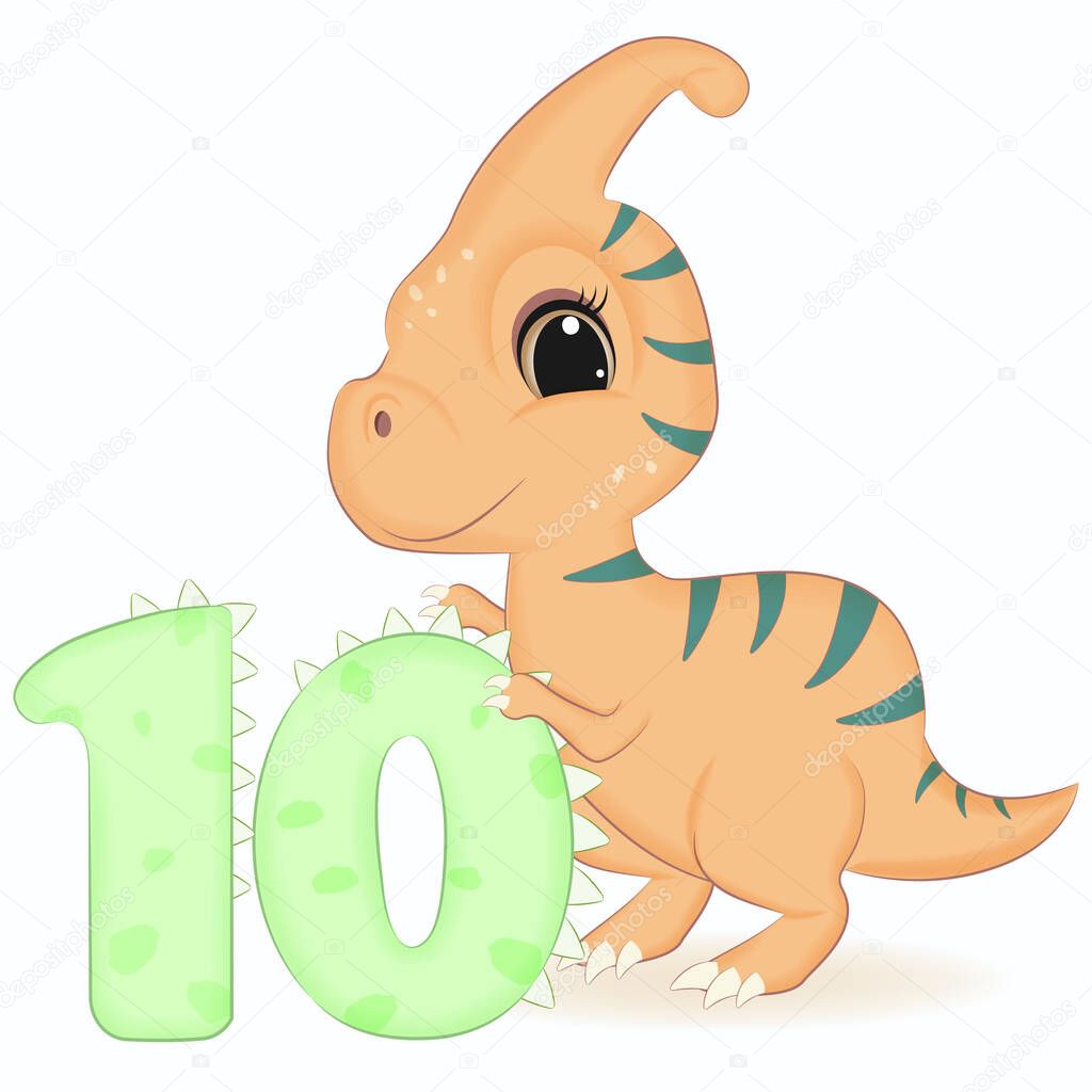 Dinosaurio lindo con número 10, ilustración de dibujos animados de ...