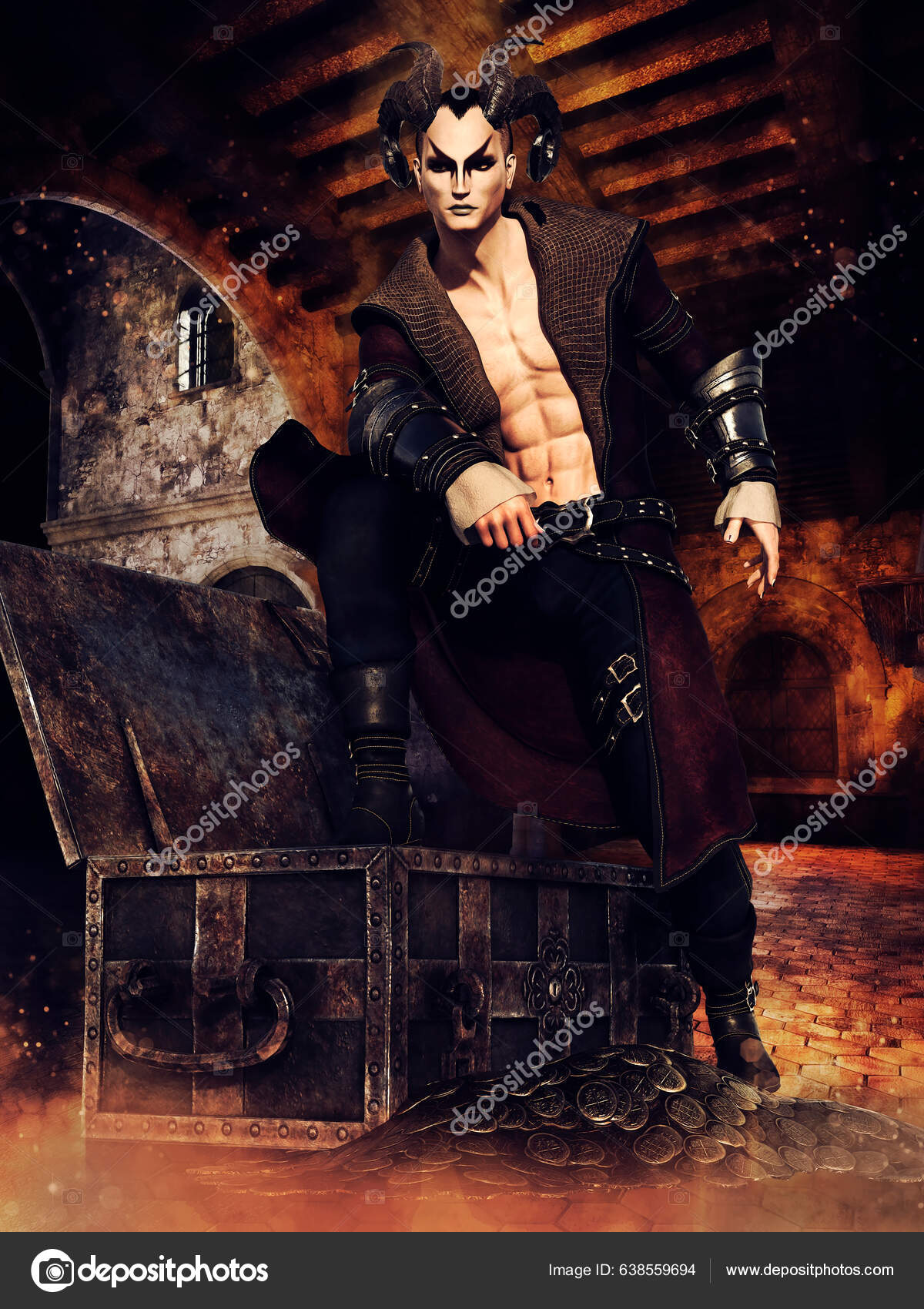 Fantasy Demon Rogue Standing Treasure Chest Dark Dungeon Render fotos ...