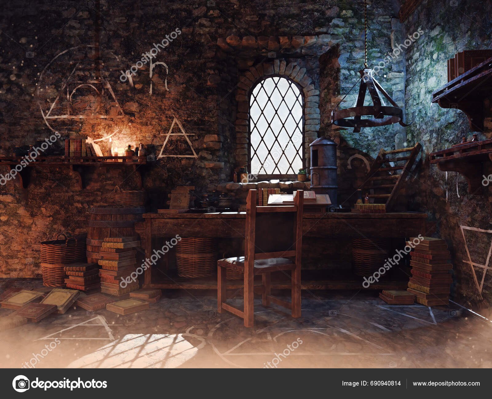 Fantasy Medieval Alchemist's Chamber Table Chair Books Alchemical ...