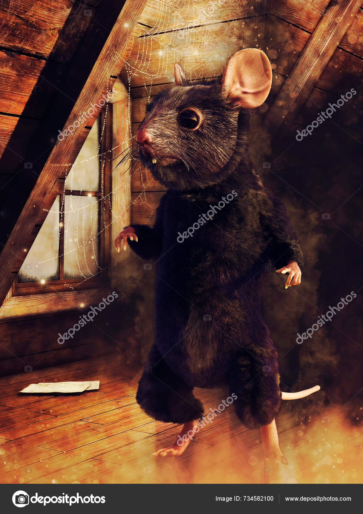 Colorful Scene Fantasy Giant Mouse Standing Window Old Attic Made ...