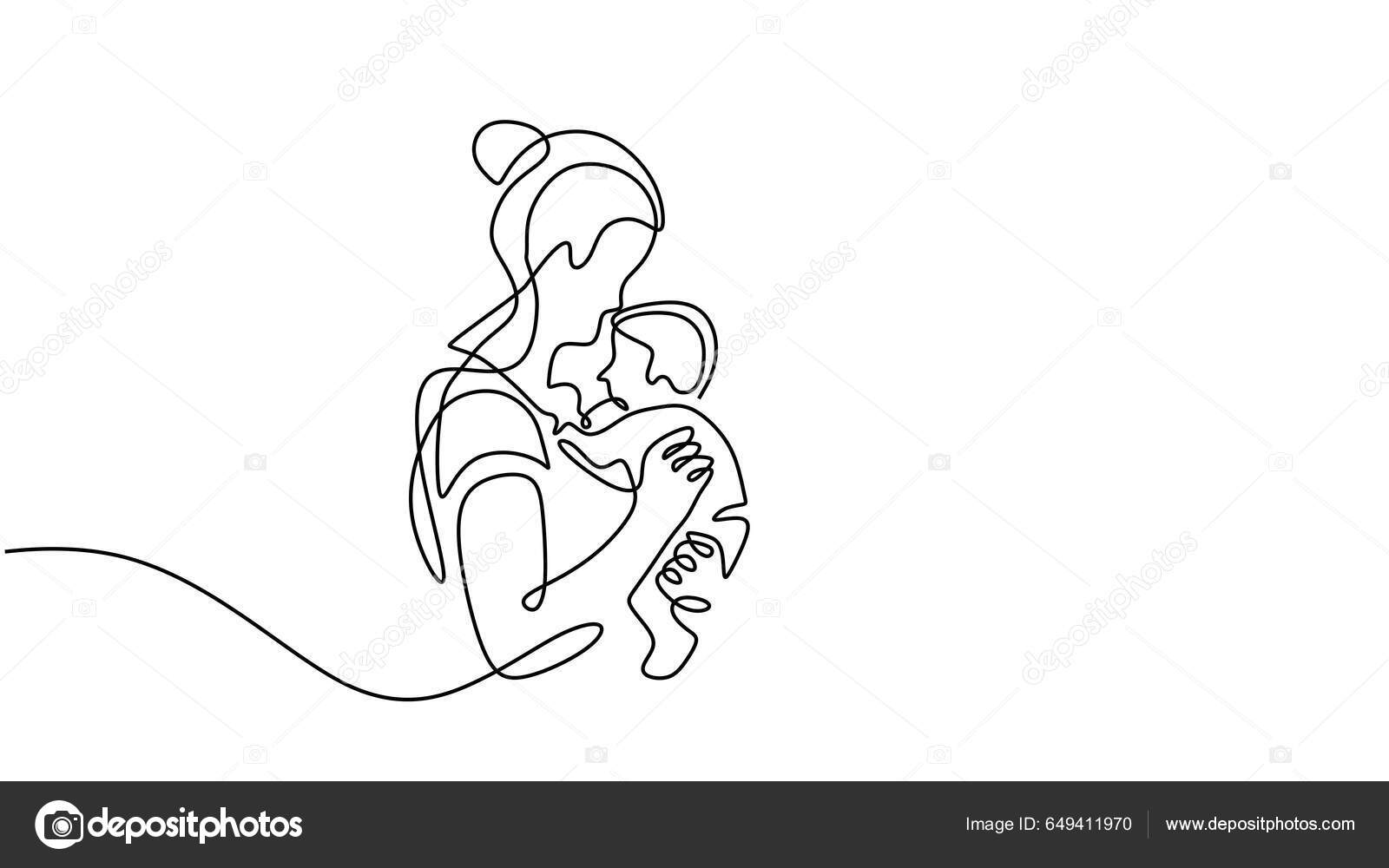 Mama Dziecko Ciągły Rysunek Jednej Linii Wektor Ilustracja Matka ...