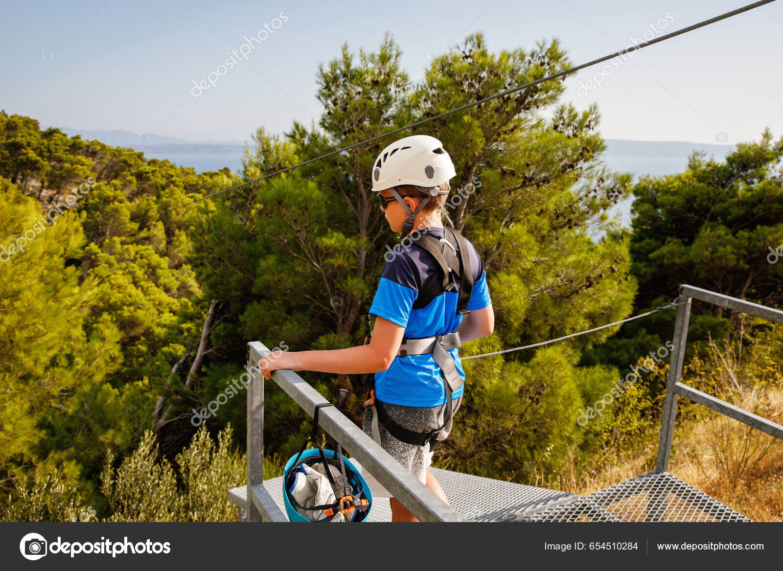 School Boy Preparing Zipline Adventure Happy Active Child Put Safety ...