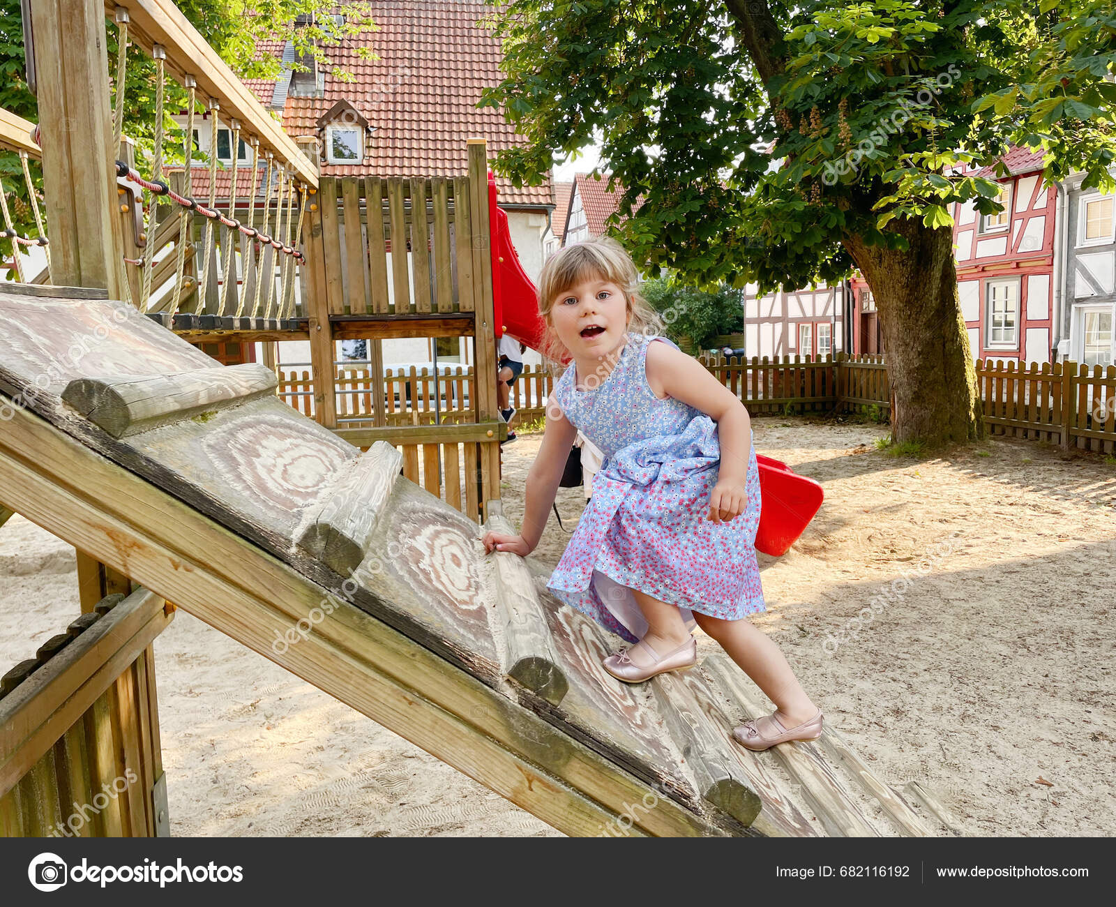 Cute Little Girl Climbs Steps Slide Playground Side View Happy Stock ...