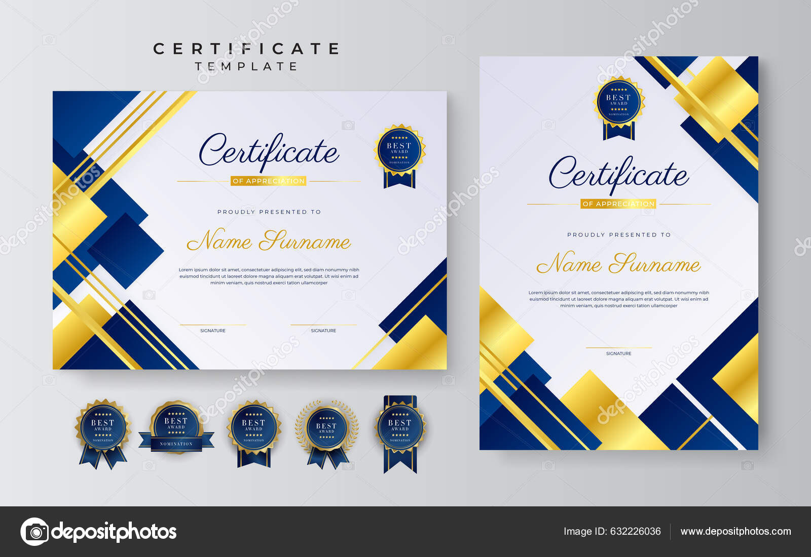 Blue Gold Certificate Achievement Border Template Luxury Badge Modern Line Vektor Stok oleh ...