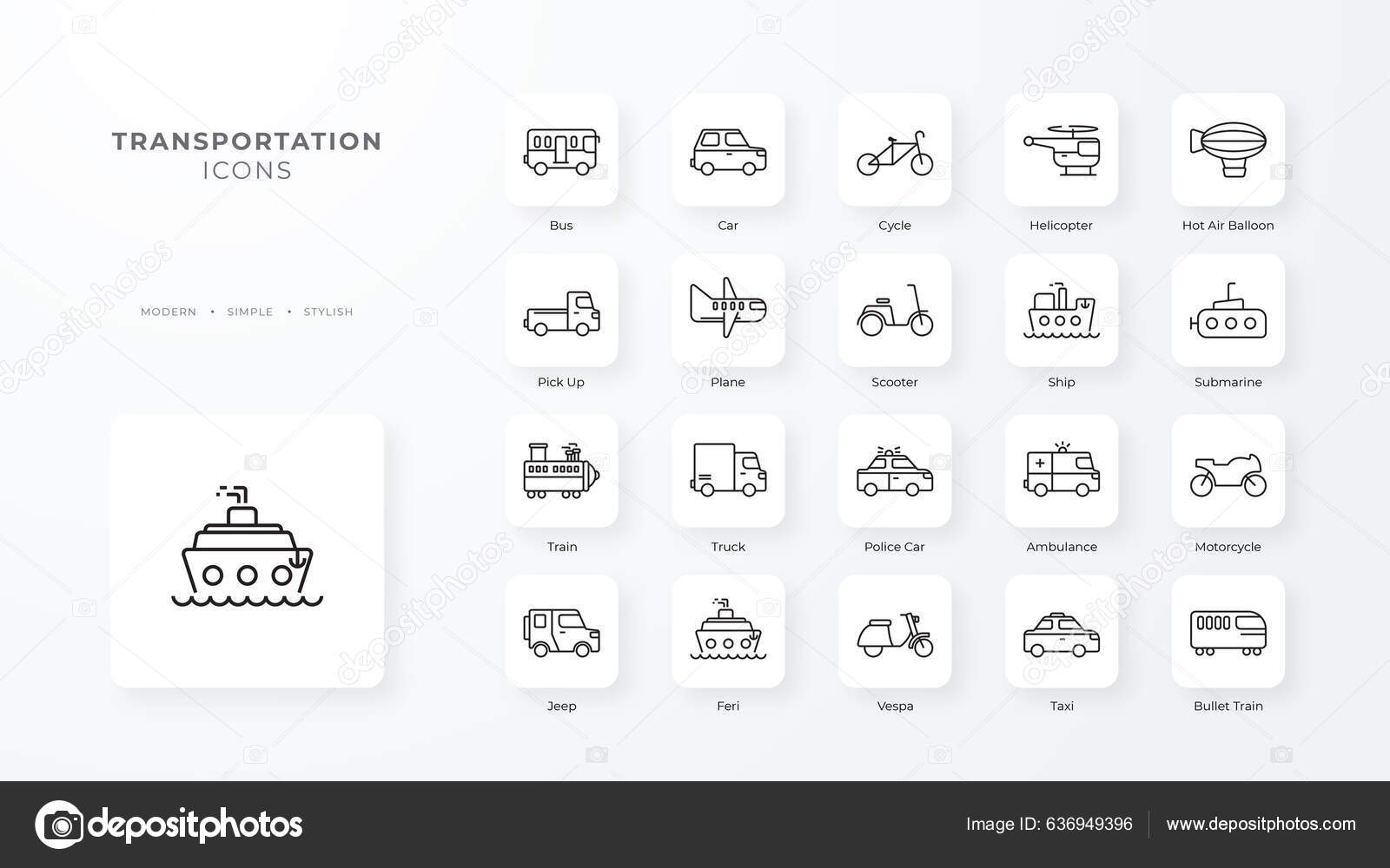 Transportation Icon Pack Collection Set Black Outline Style Vehicle ...