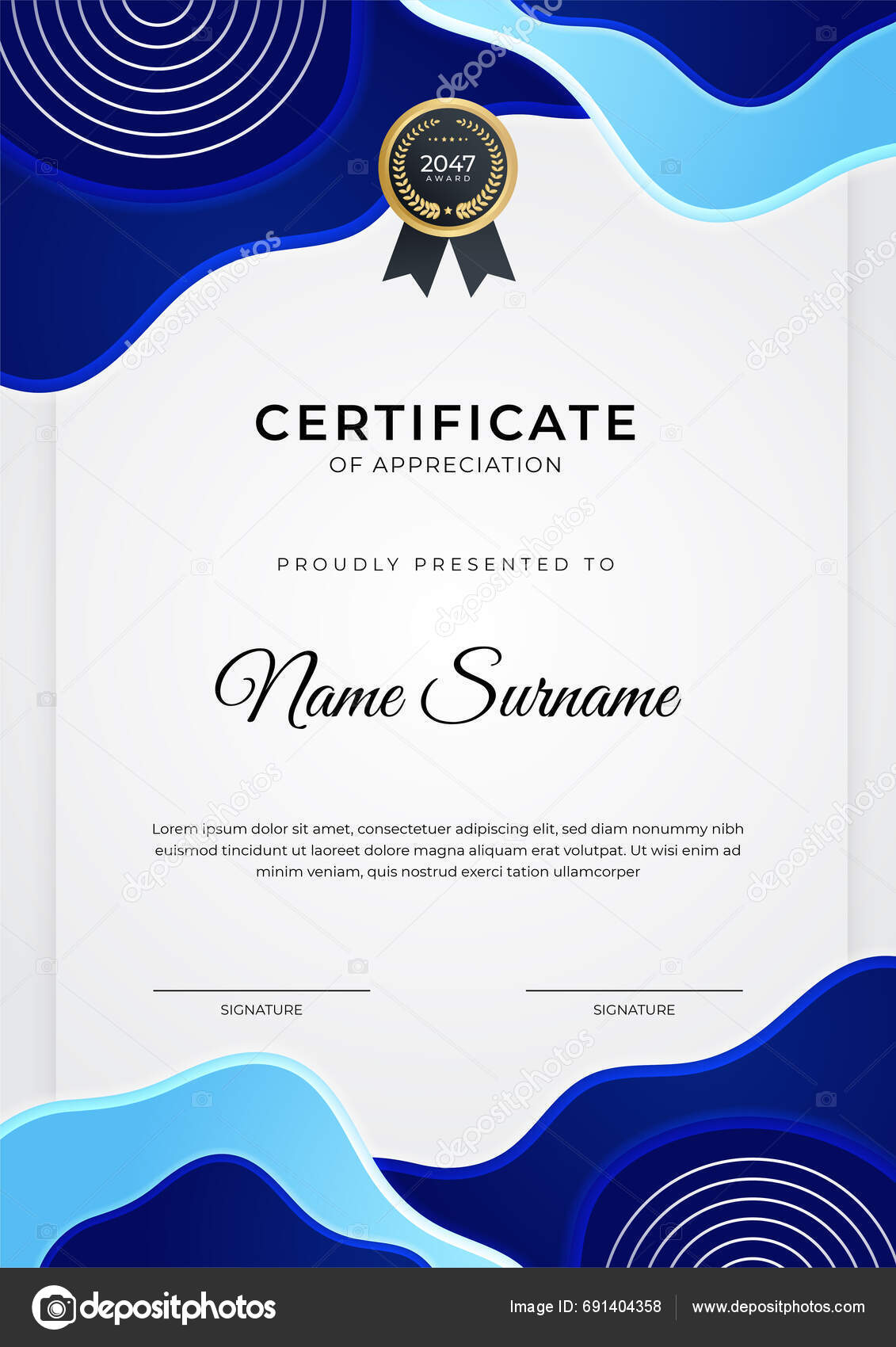 Certificate Achievement Blue Template Design Gold Badge Border Business ...