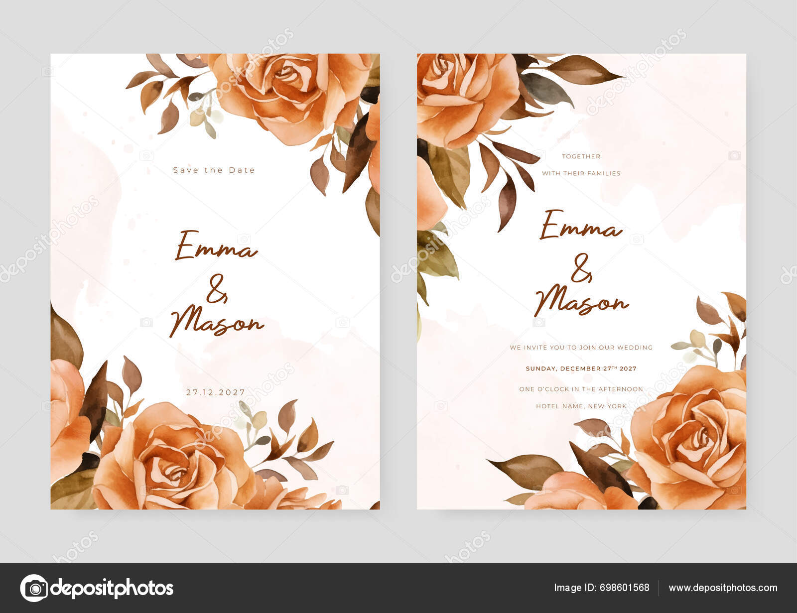 Beige Rose Vector Elegant Watercolor Wedding Invitation Floral Design ...
