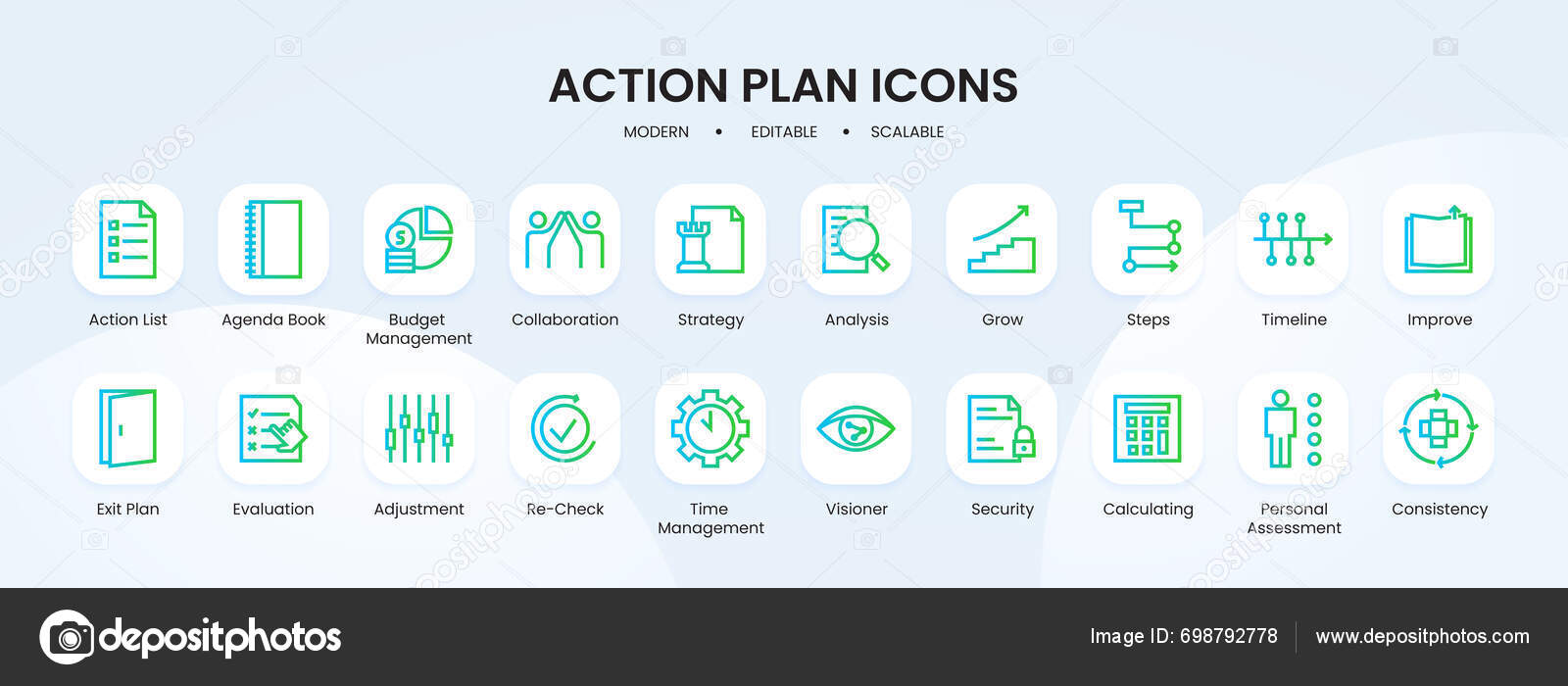 Colección Iconos Plan Acción Con Estilo Contorno Degradado Azul Verde ...