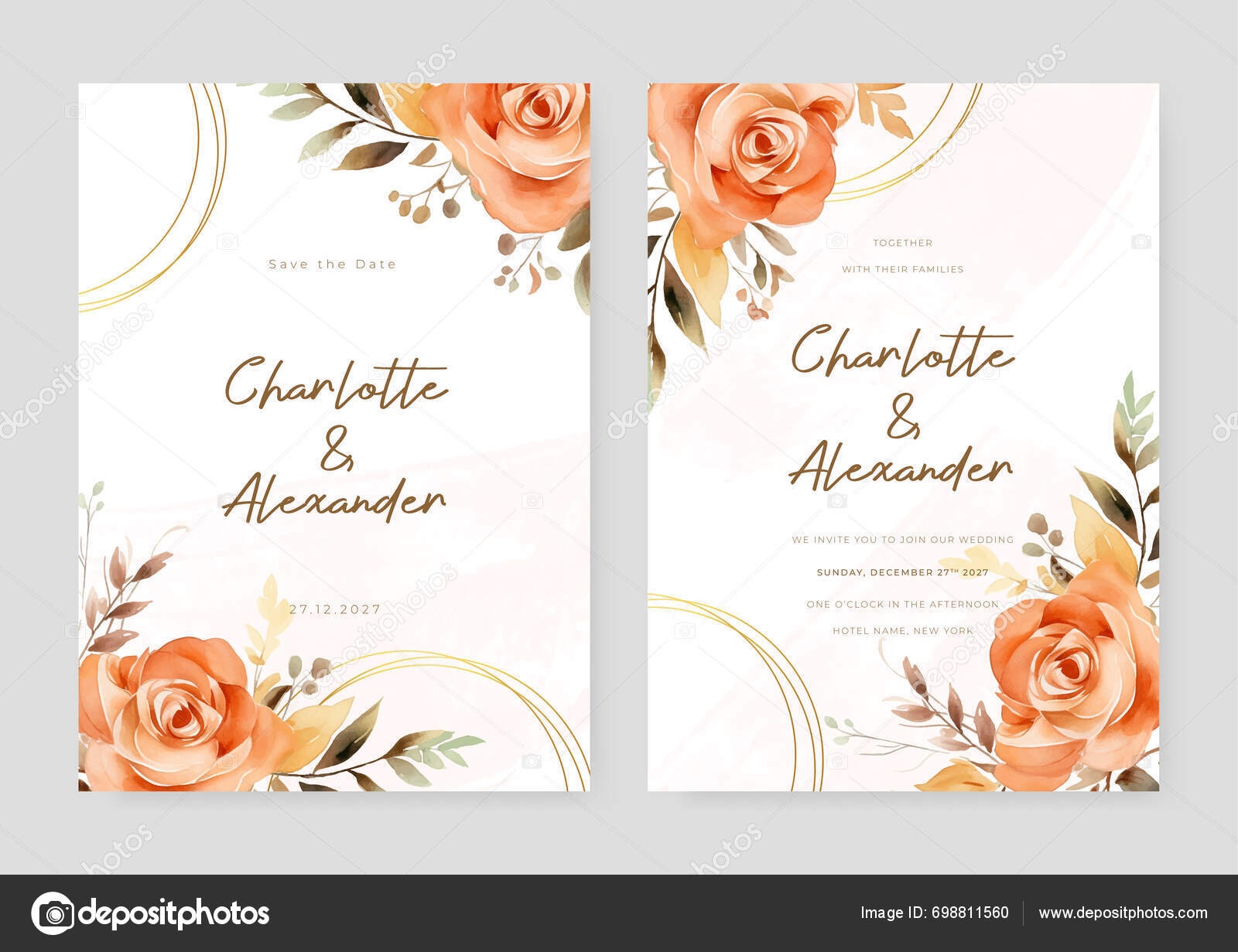 Orange Rose Elegant Wedding Invitation Card Template Watercolor Floral ...