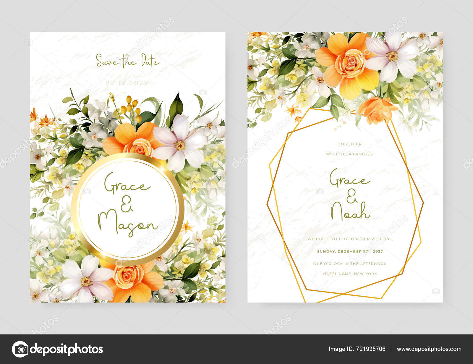 Orange White Rose Orchid Artistic Wedding Invitation Card Template Set ...