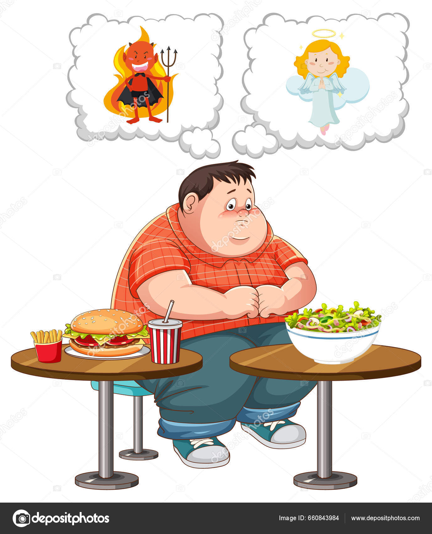 Hombre Con Sobrepeso Luchando Entre Comer Alimentos Saludables Poco ...