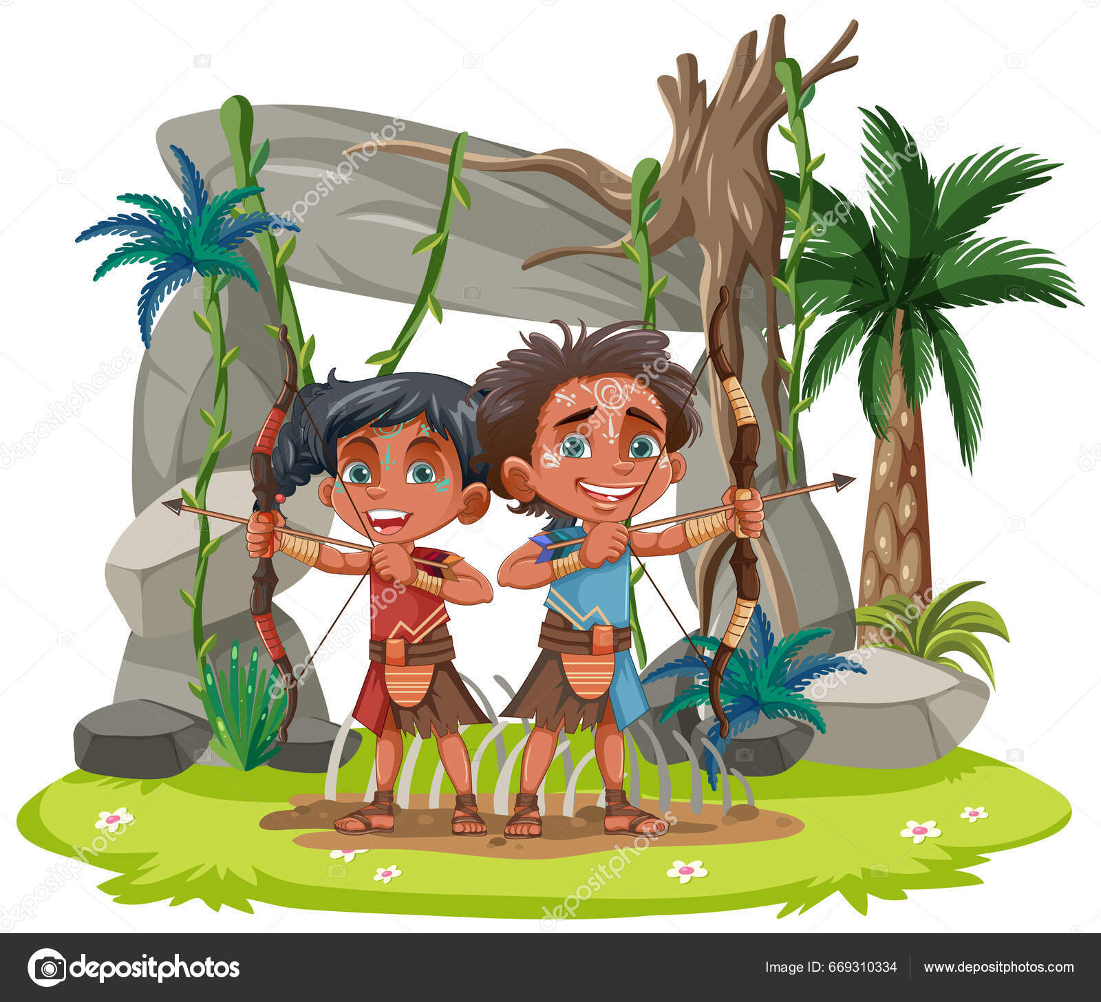 Desenho Animado Vetorial Ilustração Povos Indígenas Caçando Uma ...