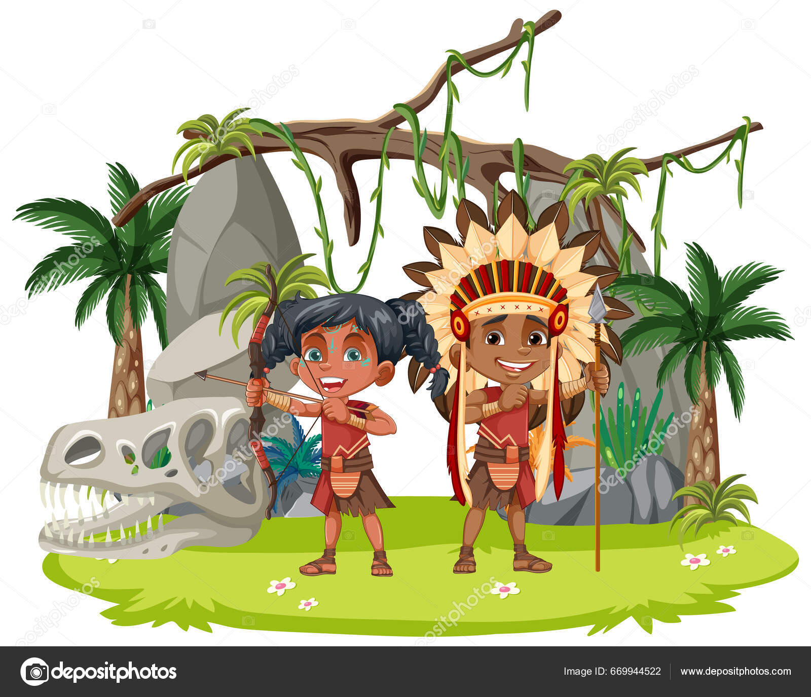 Una Ilustración Vectorial Dibujos Animados Pueblos Indígenas Cazando ...