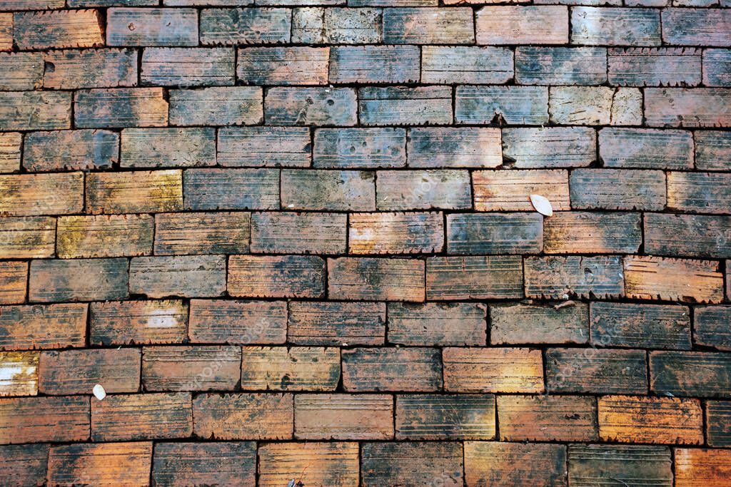 Top view of old bricks paving stones footpath pattern on sidewalk ...