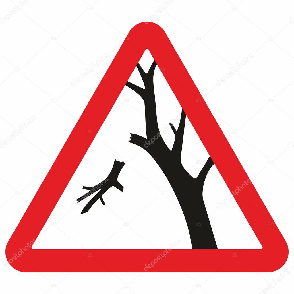 Atención, peligro de caída de ramas, árboles, signo de triángulo rojo ...