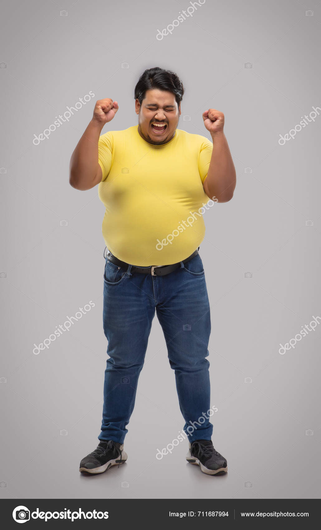 Portrait Fat Man Celebrating Clenching Fists Plain Backdrop — Stock ...