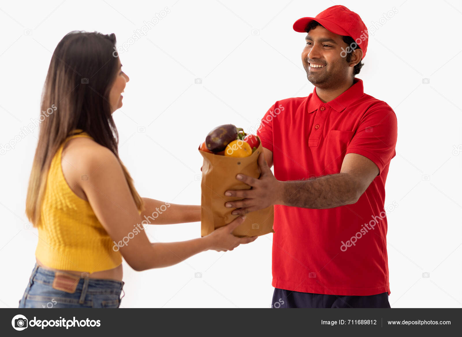 Woman Taking Delivery Fresh Vegetable Delivery Boy — Stock Photo ...