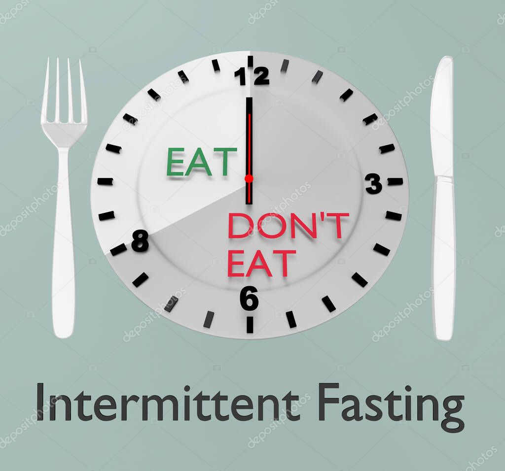 3D illustration of a clock on a plate devided into eating time and ...