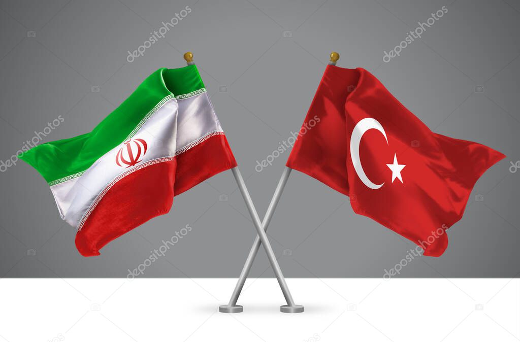 Ilustración 3D de dos banderas onduladas cruzadas de Irán y Turquía ...