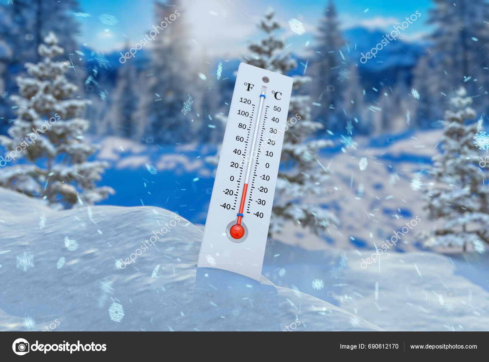 Thermometer Snow Close Shows Decrease Temperature Background Falling ...