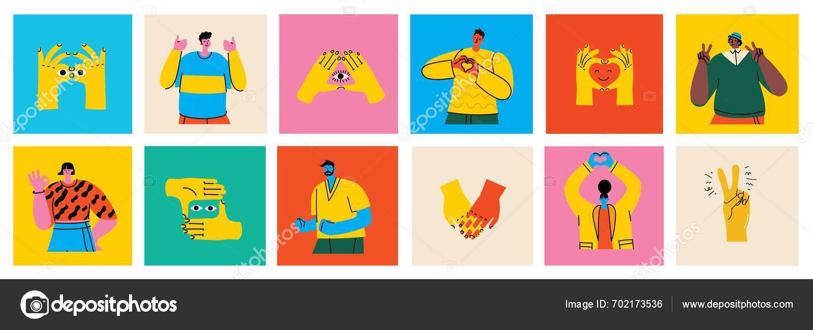 Set Happy People Showing Various Positive Emotions Gestures Sign ...