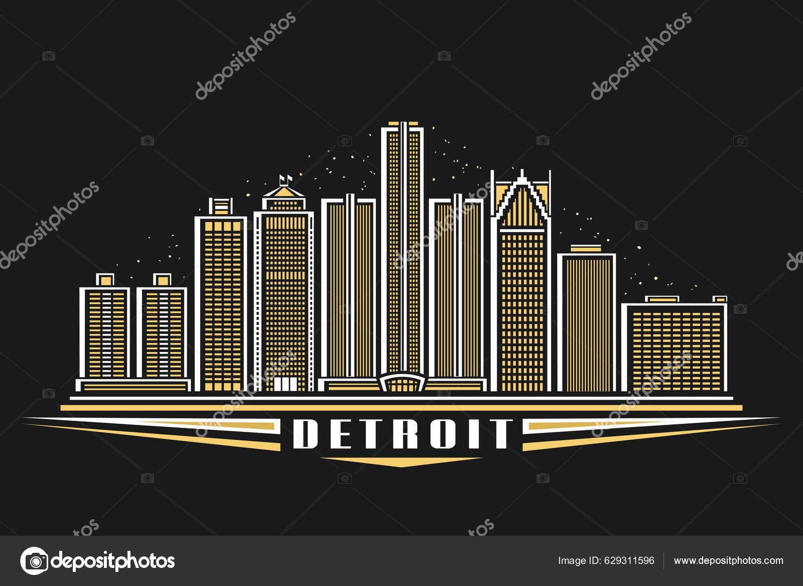 Vector Illustration Detroit Dark Horizontal Poster Linear Design Famous ...