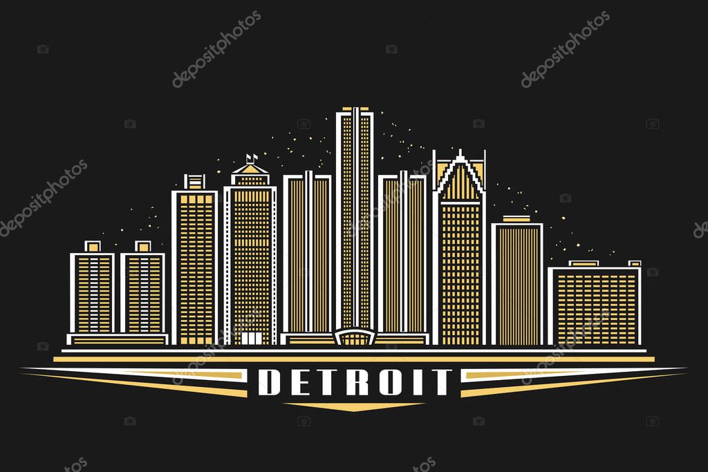 Ilustración vectorial de Detroit, cartel horizontal oscuro con diseño ...