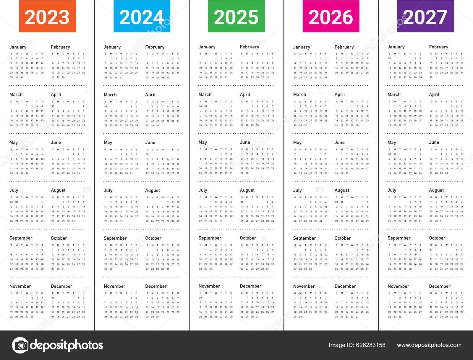 2023 2027 Year Calendar Stock Vector by ©dolphfynlow 626283158