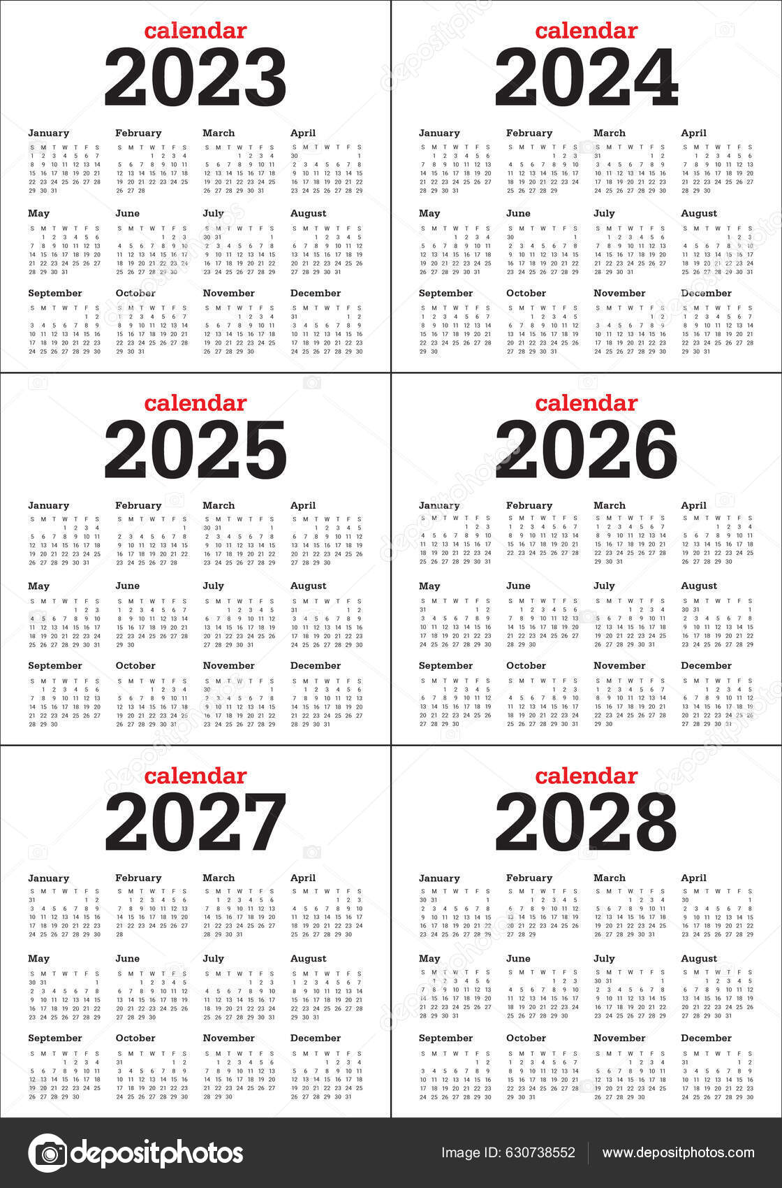 2023 2024 2025 2026 2027 2028 Año Calendario Vector Diseño vector, gráfico vectorial ...