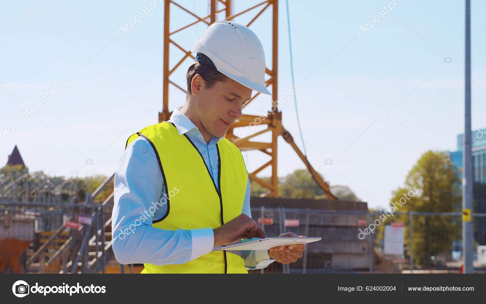 Professional Builder Standing Front Construction Site Foreman Hardhat ...