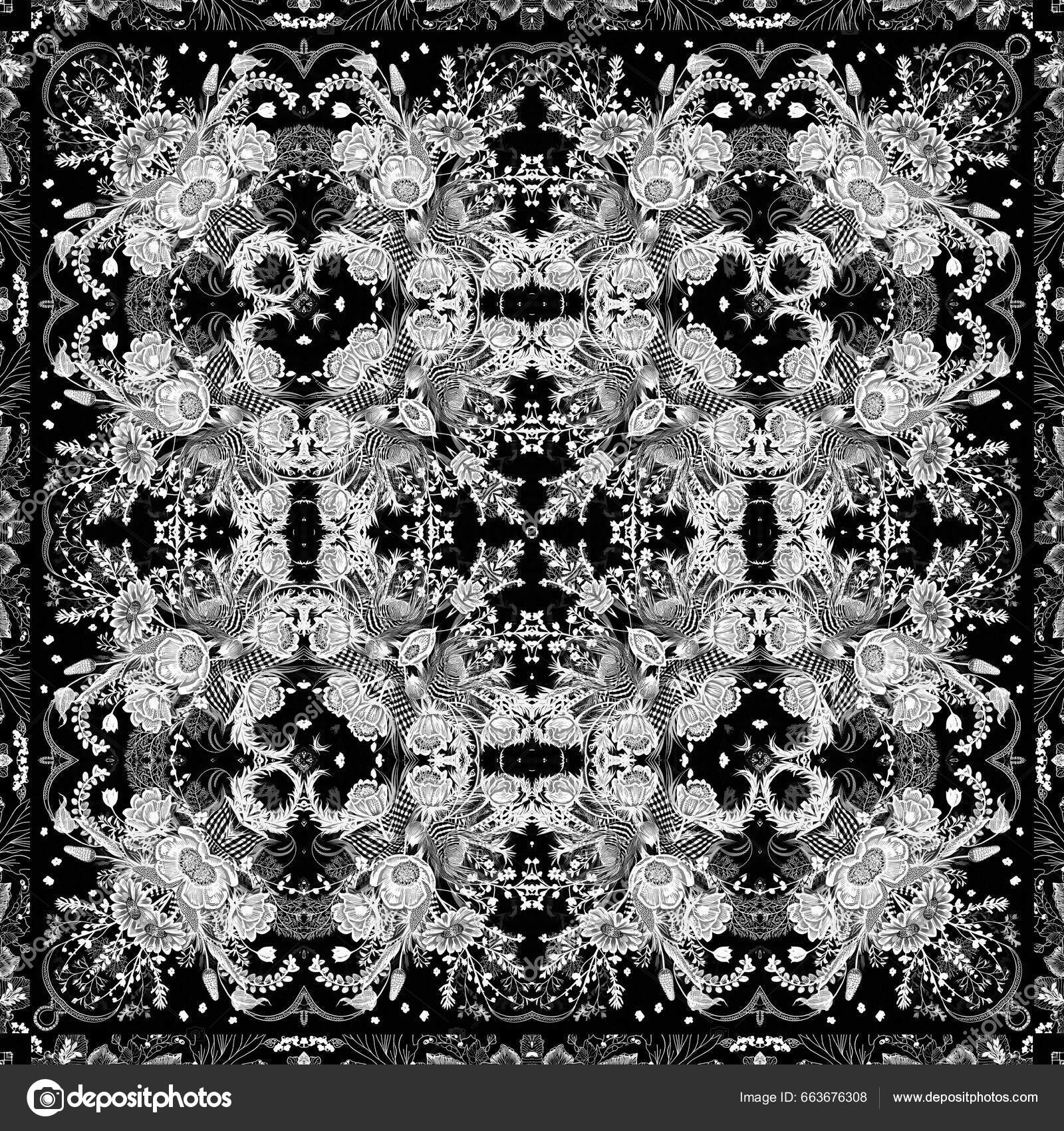 Intricate Black White Lace Folk Flower Pattern Elegant Feminine Style ...