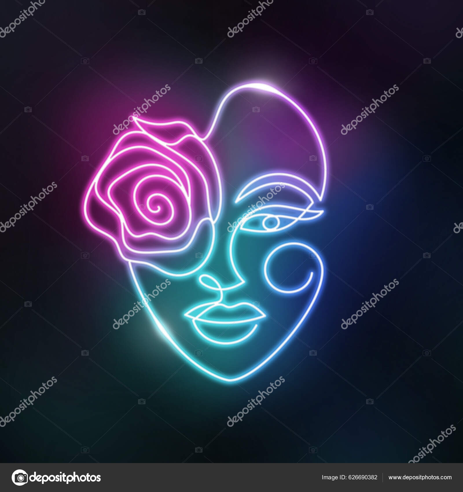 Neon Face Woman Modern Abstract Minimalist One Line Style Rose Stock ...