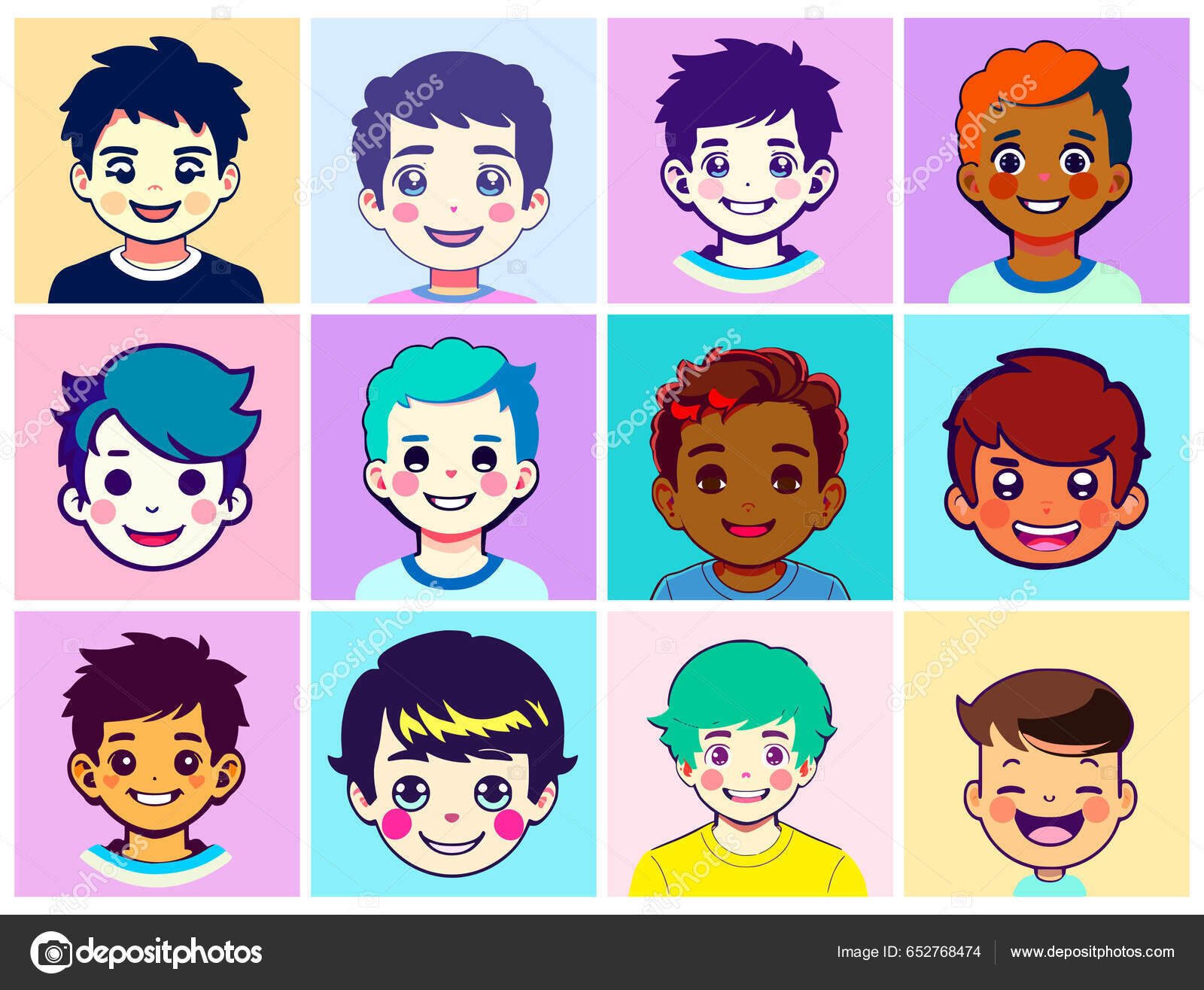 Set Cartoon Style Avatars Shape Cute Boys Heads Smiles Faces Stock ...