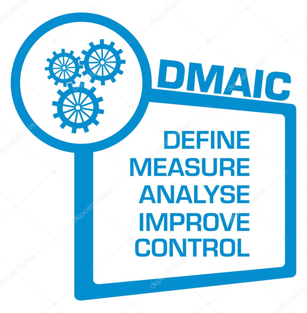 DMAIC - Definir Análisis de Medida Mejorar la imagen de concepto de Control con texto y símbolos ...