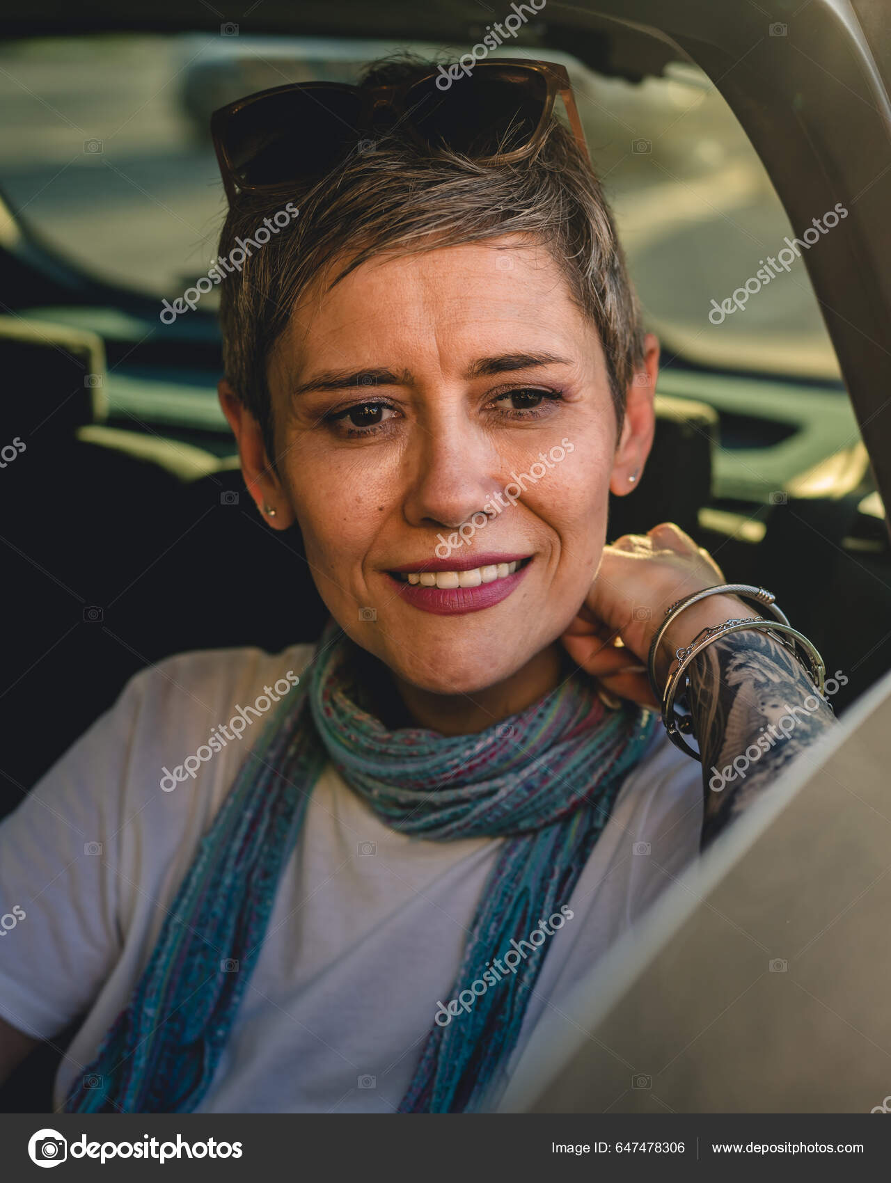 One Mature Woman Caucasian Female Sitting Back Seat Car Looking Stock