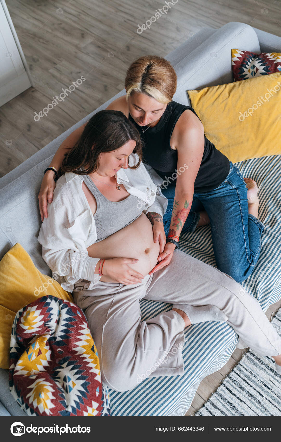 Young Woman Tender Touching Partners Female Pregnant Belly Same Sex