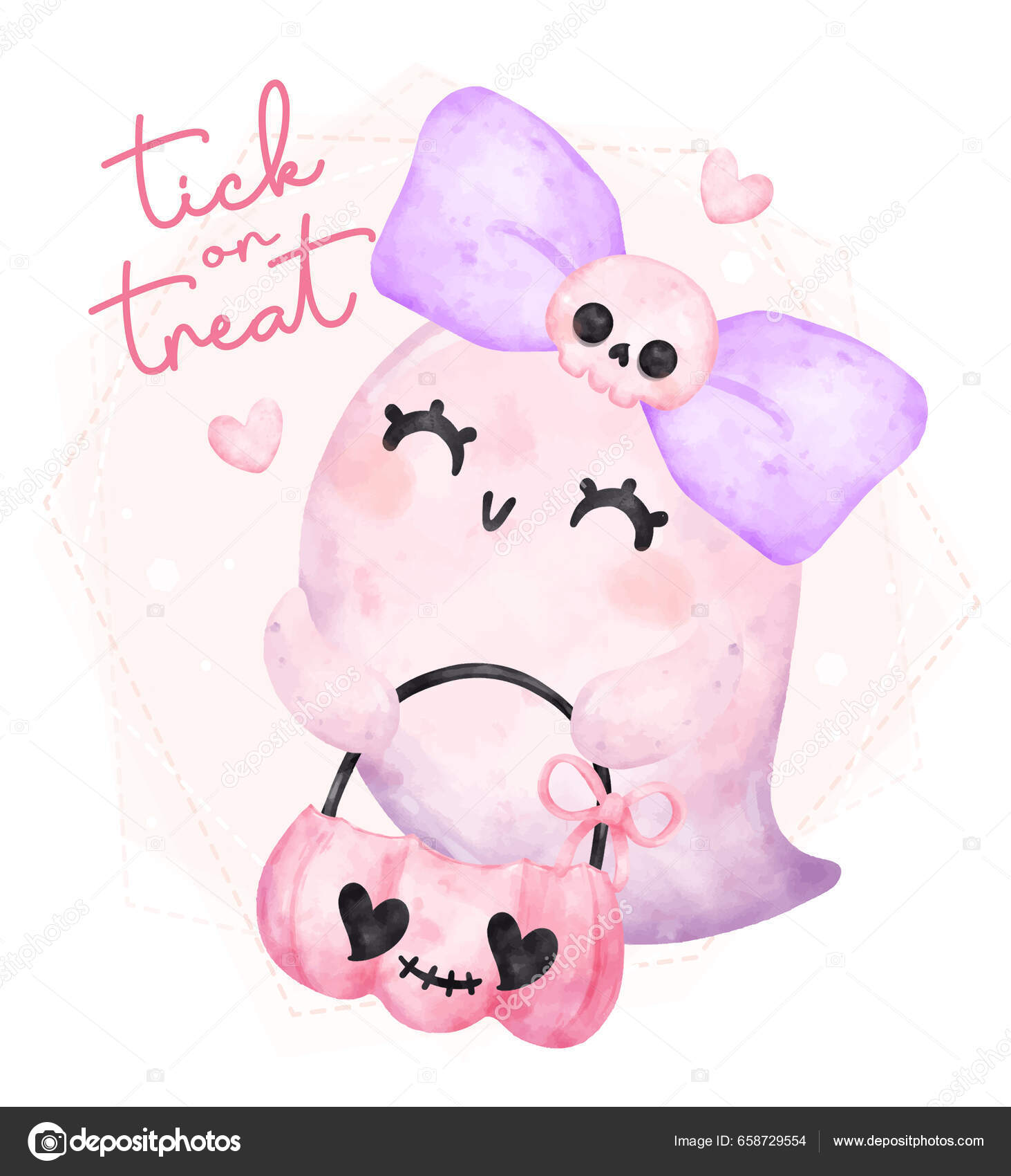 Cute Happy Smile Pink Hallooween Ghost Empty Pumpkin Basket Trick Stock ...