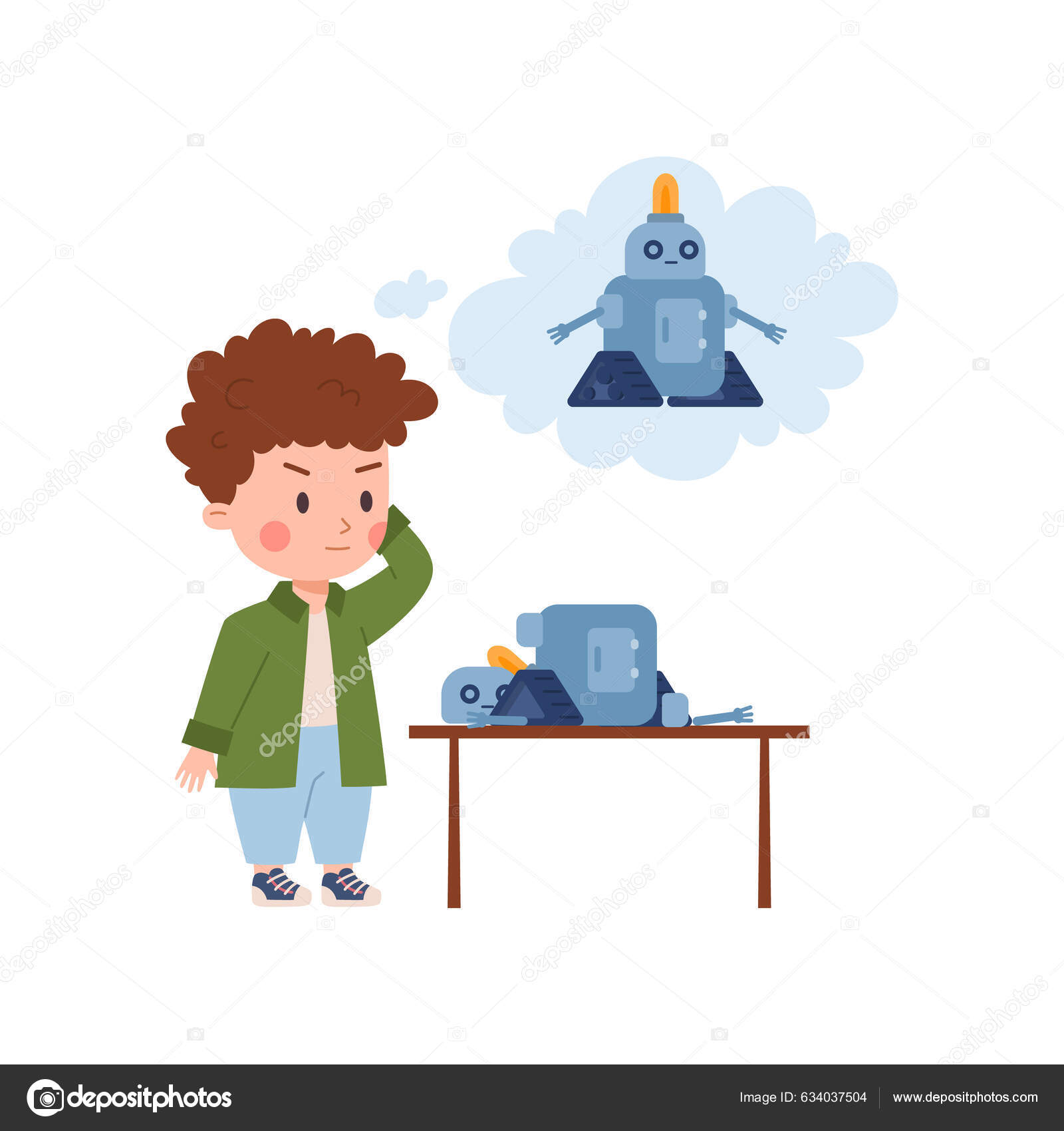 Puzzled Kid Boy Thinking How Build Robot Flat Style Vector Stock Vector ...