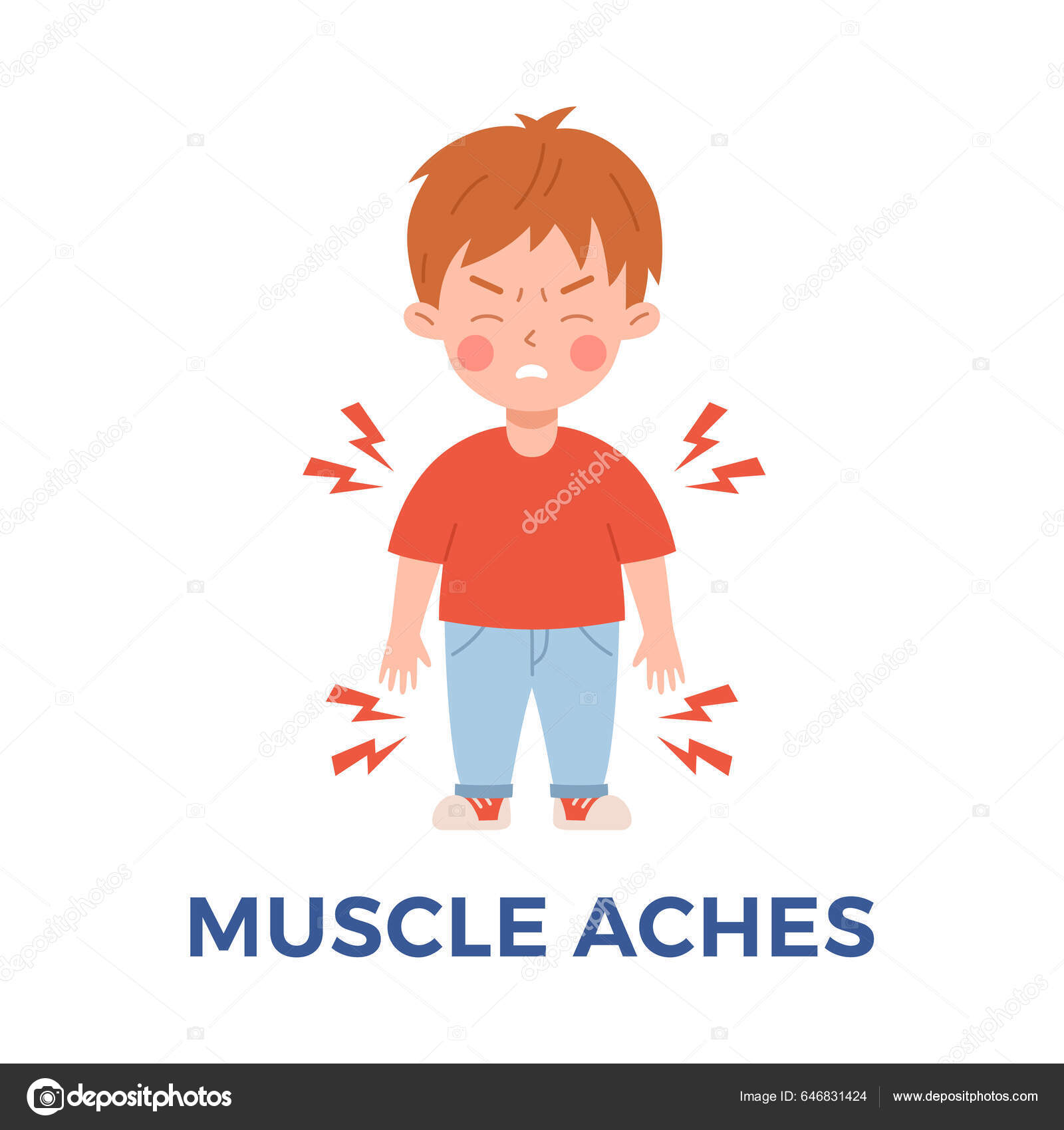 患有肌肉疼痛的儿童 扁平的矢量图以白色背景隔离 有流感 流感或感冒症状的男孩 呼吸道疾病症状 图库矢量图©Sabelskaya 646831424