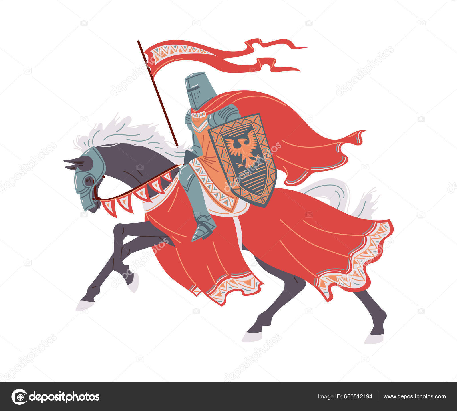 Cavaleiro Armado Com Escudo Armadura Cavalo Equitação Desenho Animado ...