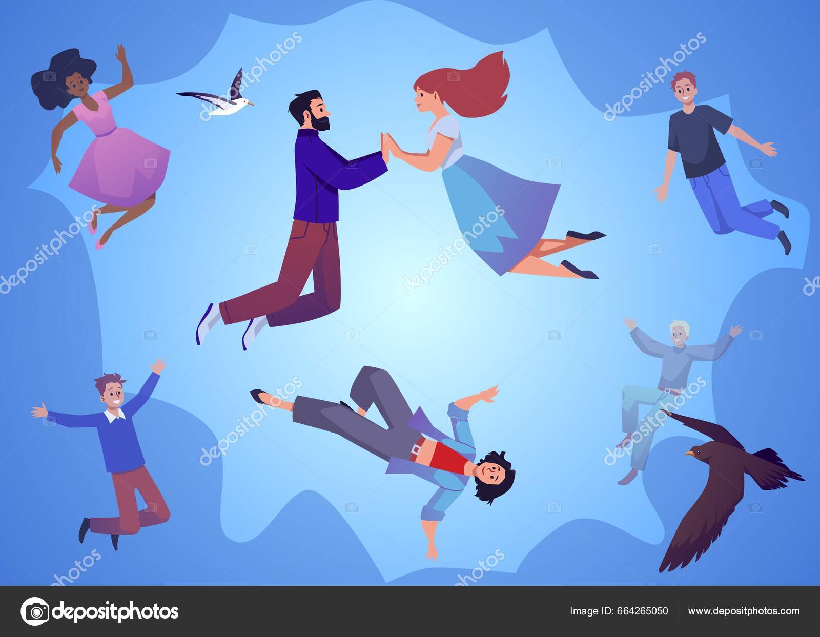 Happy People Flying Floating Sky Cartoon Flat Vector Illustration ...