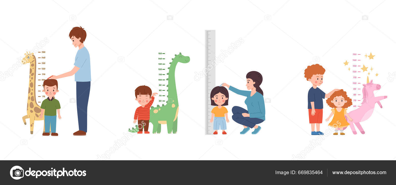 Conjunto Niños Midiendo Altura Con Medidores Decorativos Estilo Plano ...