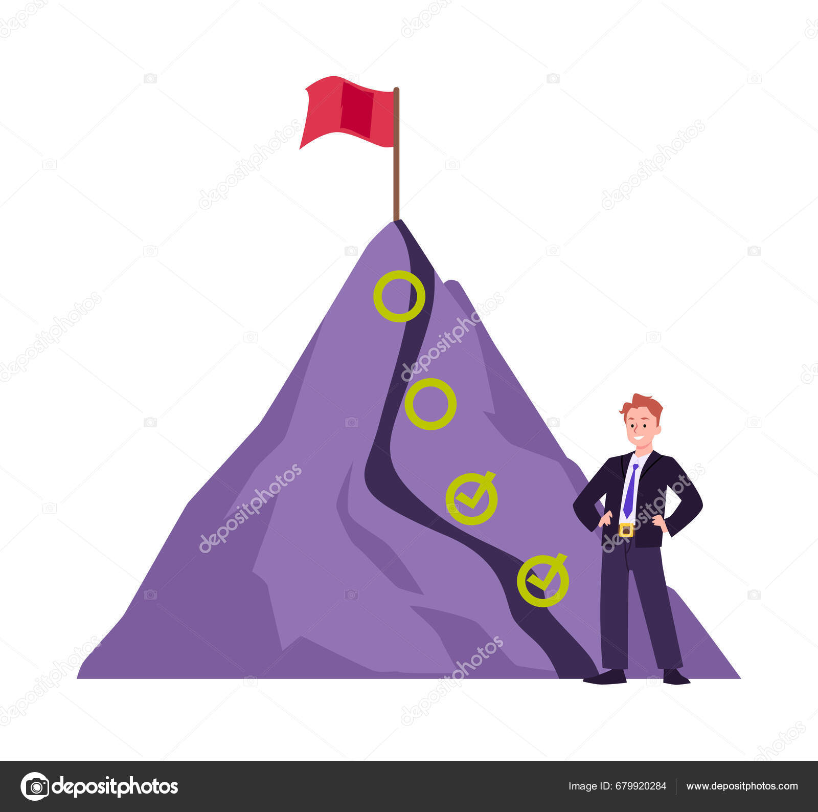 Businessman Posing Mountain Red Flag Checkmarks Vector Task Management ...