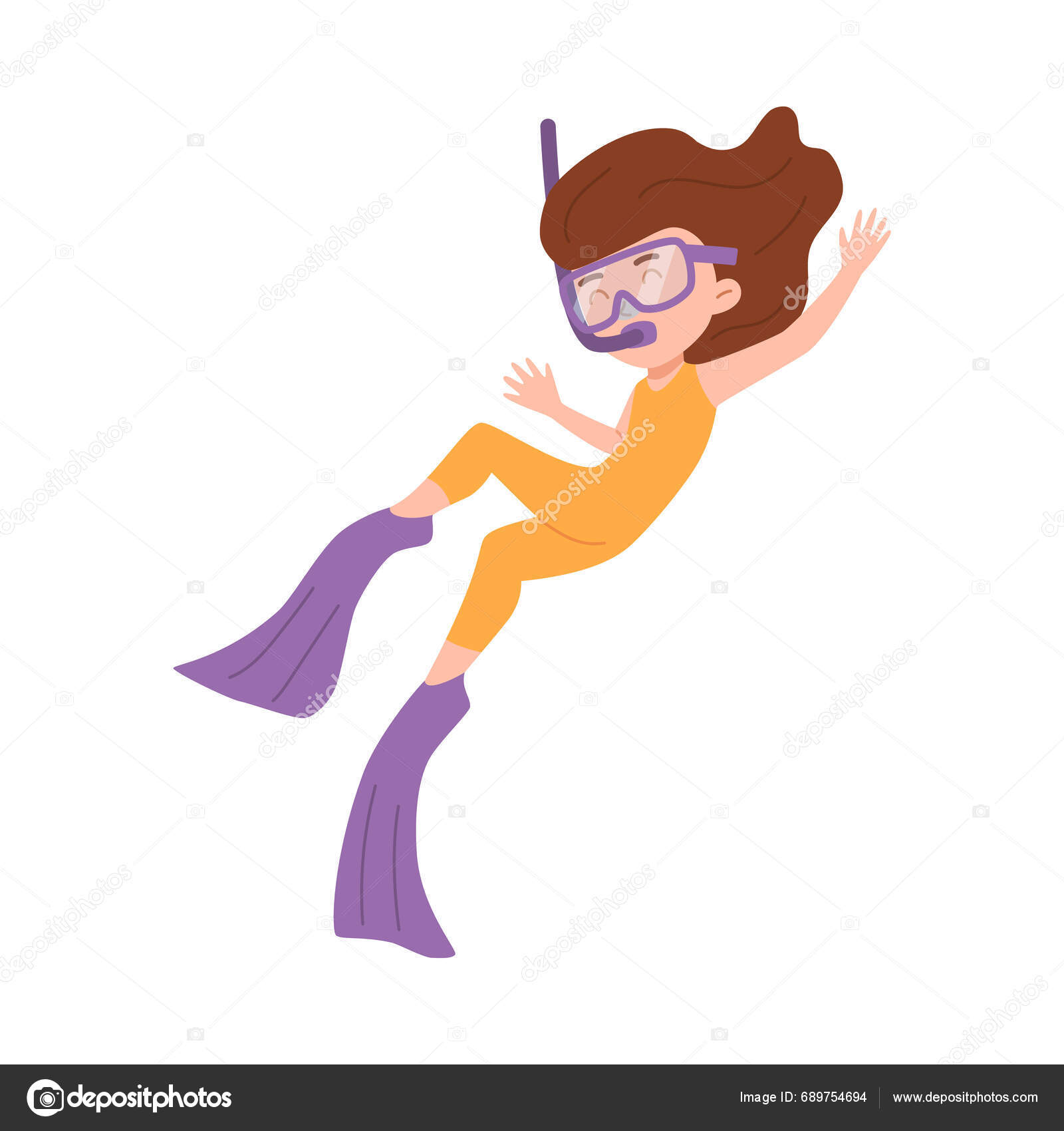 Snorkeling Girl Vector Illustration White Background Cute Kid Flippers ...