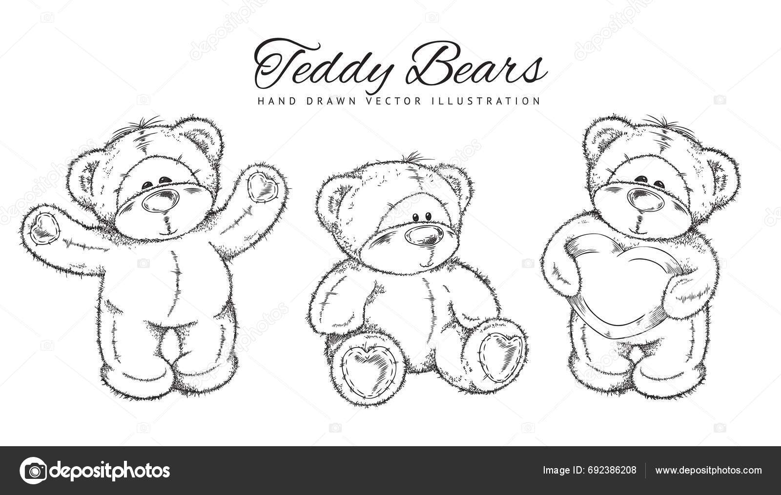 Hand Drawn Sketch Teddy Bears Vector Illustrations Set Colorless Funny ...