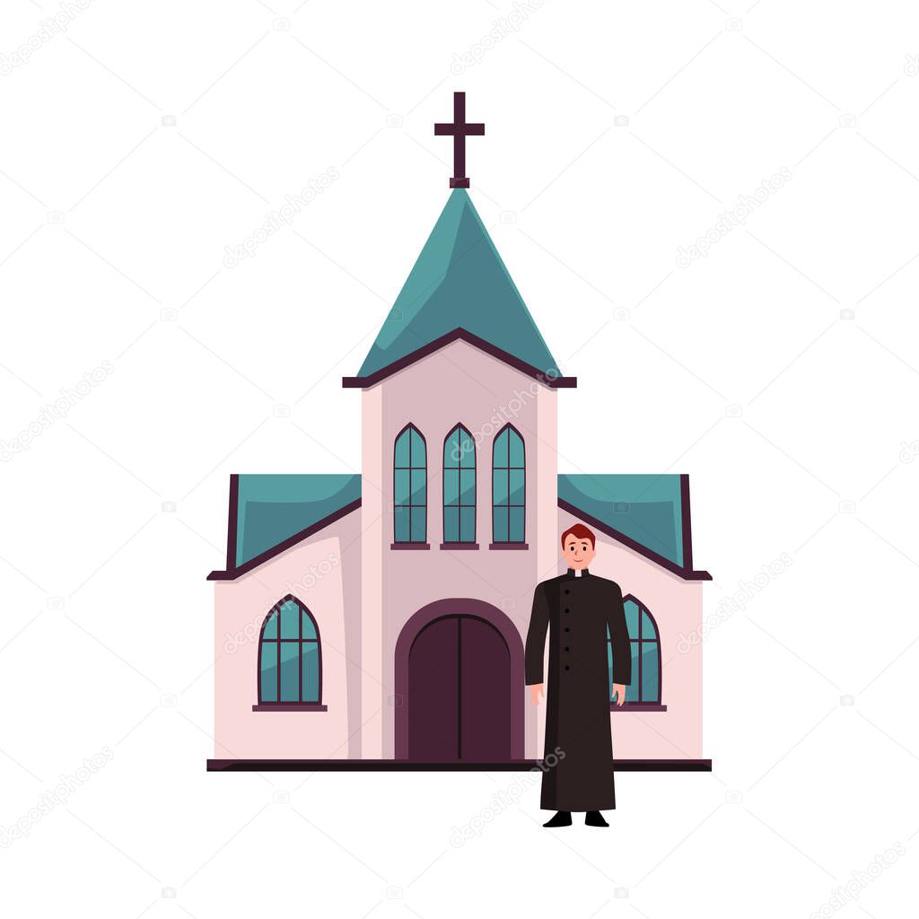 Edificio de la iglesia católica cristiana y sacerdote, monje ...