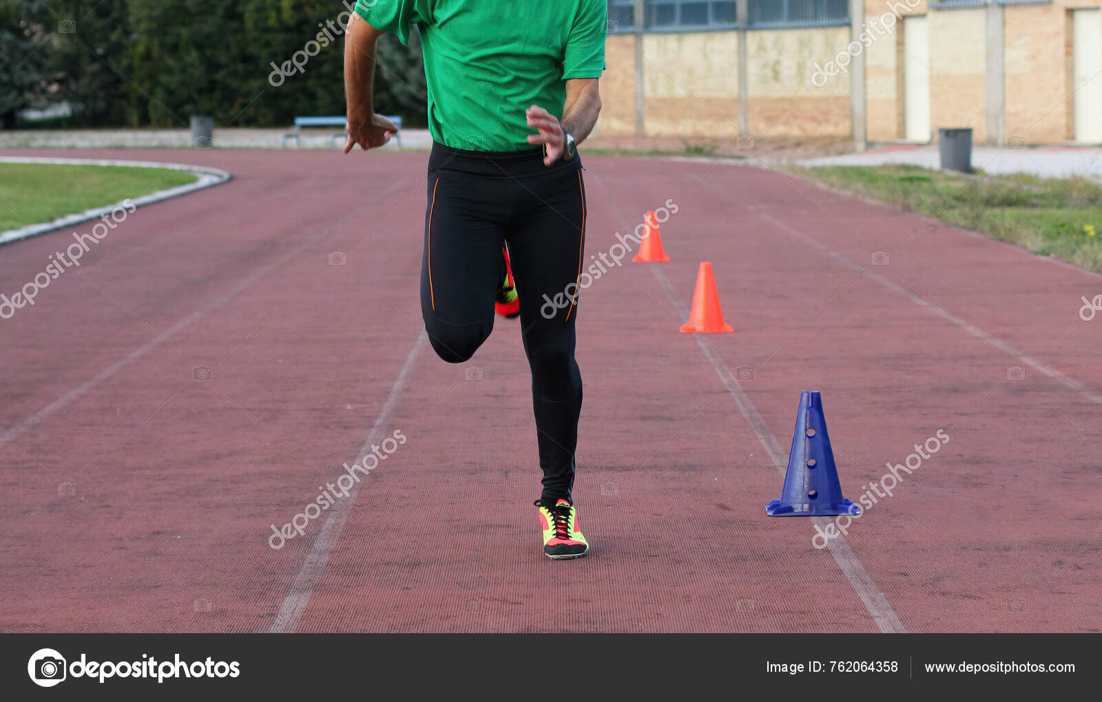 Male Athlete Improving His Speed Agility Running Track Jumping Small ...
